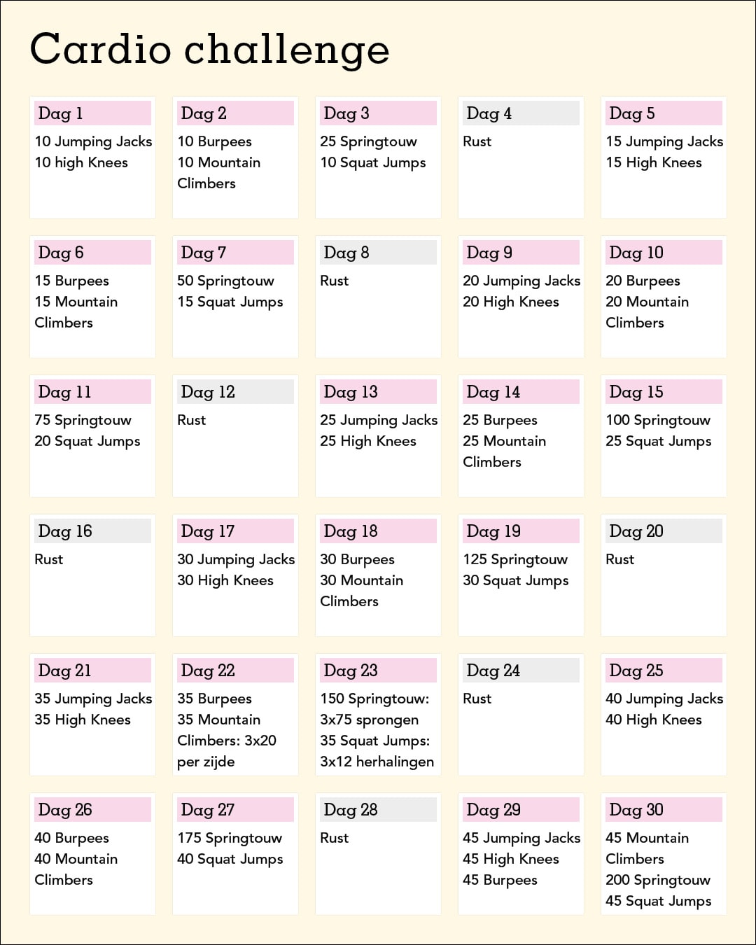 30 day cardio challenge: jumping jack, burpees en mountain climbers - a ...